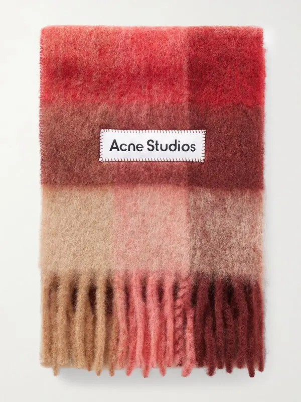 Acne Studios Fringed Checked Brushed Alpaca, Wool And Mohair-blend Scarf - Red