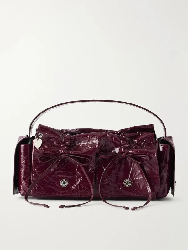 Acne Studios Multipocket Bow-detail Crinkled Patent-leather Shoulder Bag - Burgundy