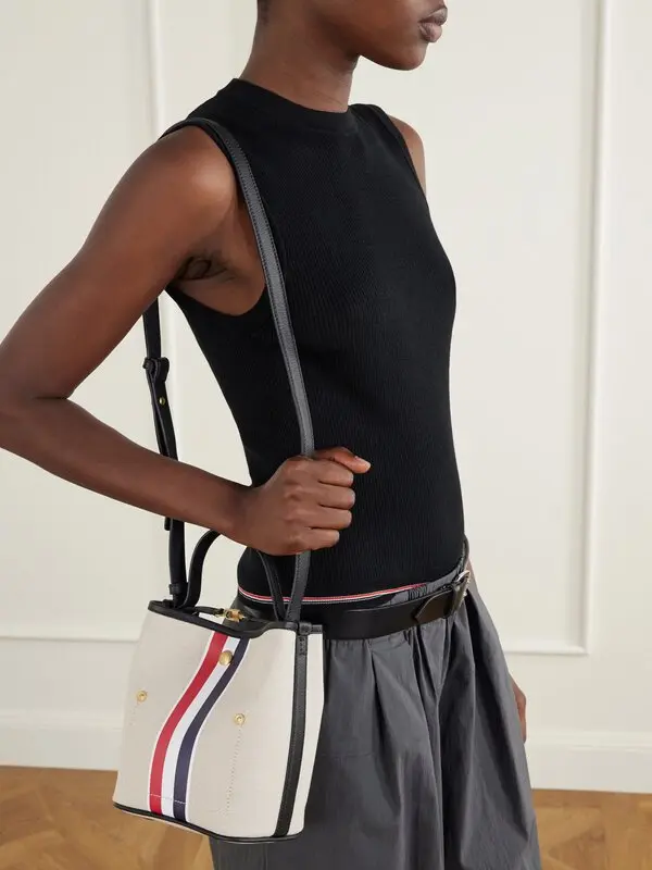 Thom Browne Striped Leather-trimmed Canvas Bucket Bag - Neutrals