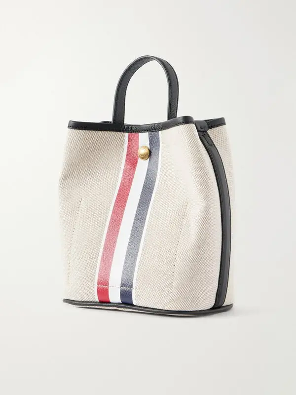 Thom Browne Striped Leather-trimmed Canvas Bucket Bag - Neutrals