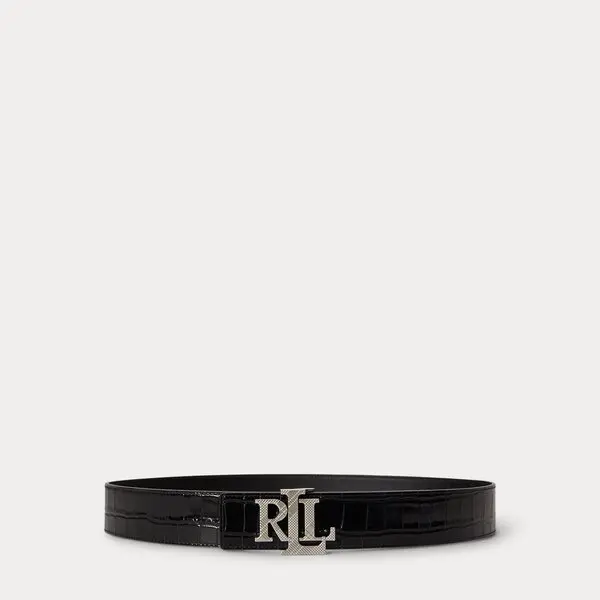 Ralph Lauren Logo Reversible Croc-embossed Wide Belt - Black