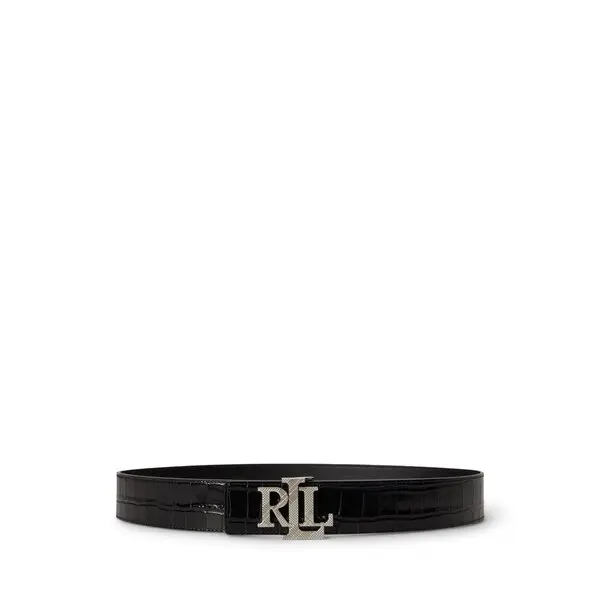 Ralph Lauren Logo Reversible Croc-embossed Wide Belt - Black