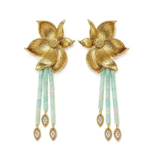 AUROZIA Lotus Within Plated Detachable Blooming Lotus Drop Amazonite Tassel Earrings