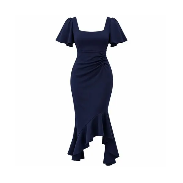 GIRL IN MIND Leona Square Neck Frill Midi Dress Navy - Blue