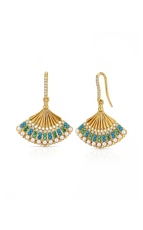 JENNA BLAKE Turquoise, Emerald, And Pearl Fan Earrings