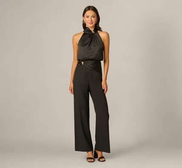 Adrianna Papell Satin Brooch Halter Combo Jumpsuit