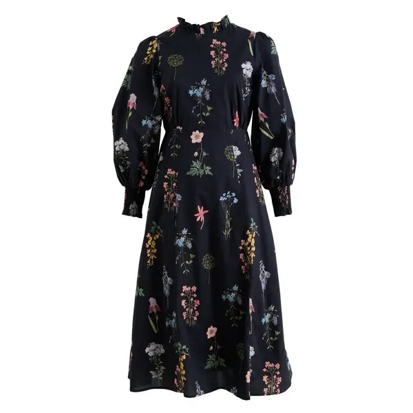 LOUCHE Jessie Flower Press Print Frill Neck Midi Dress