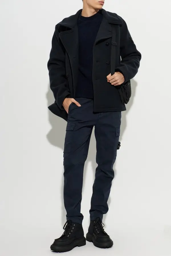 Stone Island Wool Coat With Open Lapels - Black