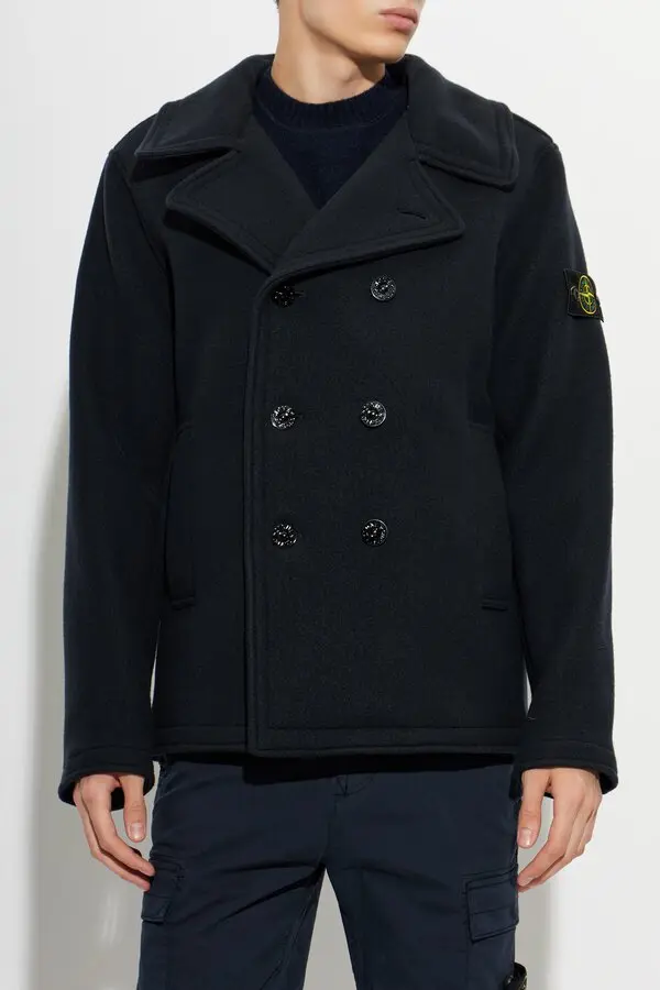 Stone Island Wool Coat With Open Lapels - Black