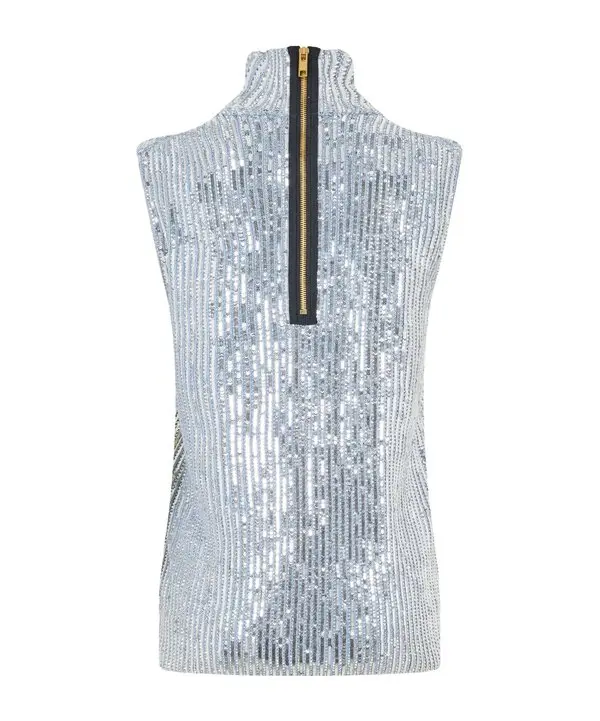 Gucci Sequinstriped Turtleneck Sleeveless Top