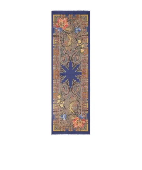 Etro Wool, Cashmere And Silk Scarf With Paisley And Flower Motif - Blue