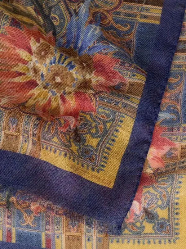Etro Wool, Cashmere And Silk Scarf With Paisley And Flower Motif - Blue