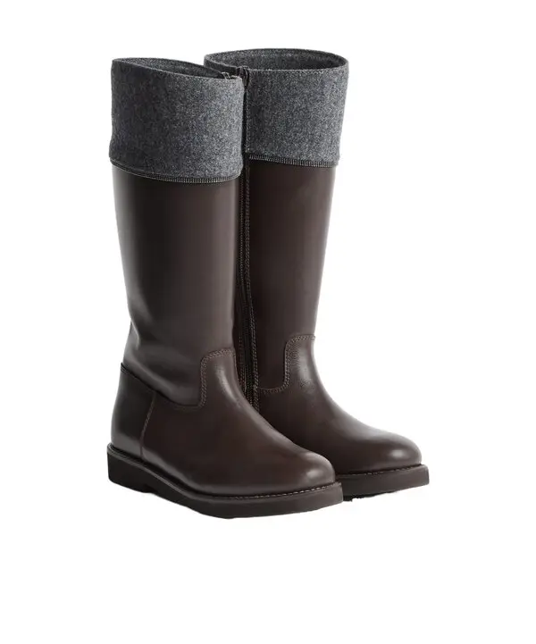 Brunello Cucinelli Matte Calfskin And Virgin Wool Flannel Boots With Monili - Rust-brown