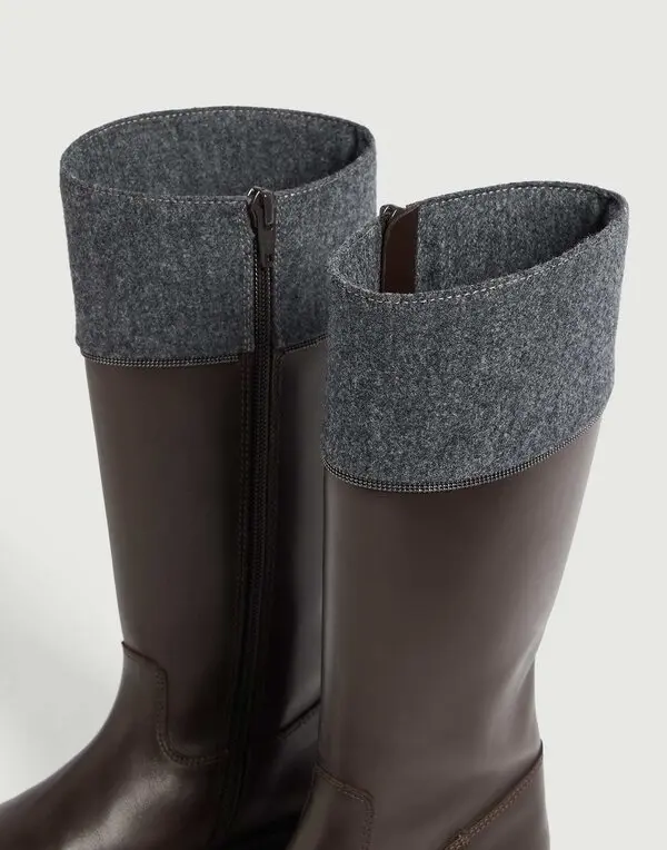 Brunello Cucinelli Matte Calfskin And Virgin Wool Flannel Boots With Monili