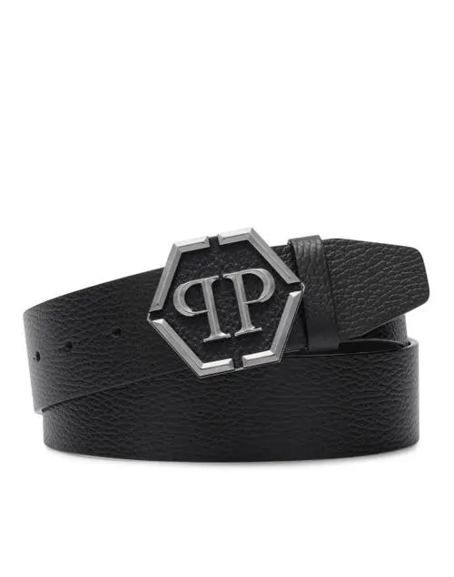 Philipp Plein Soft Grain Leather Belt Hexagon - Black
