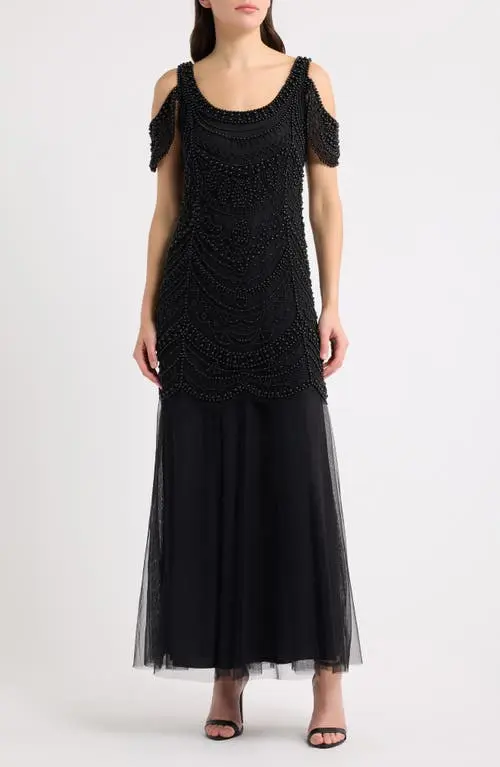 Pisarro Nights Beaded Cold Shoulder Gown - Black