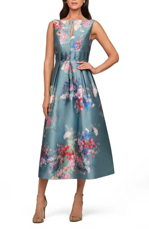 KAY UNGER Hara Floral Print A-line Dress - Cyan Multi