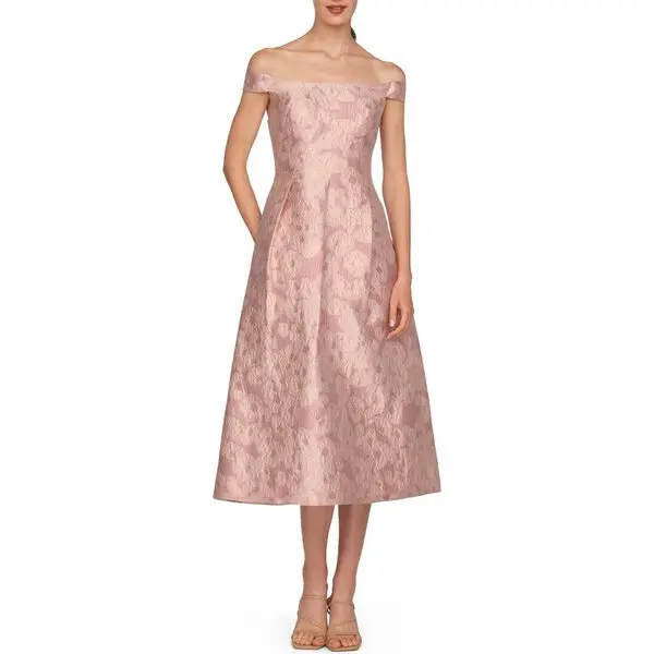 KAY UNGER Alina Metallic Floral Jacquard Off The Shoulder Midi Cocktail Dress - Pink Multi