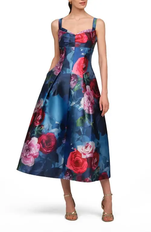 KAY UNGER Adria Floral Pleated Mikado Midi Cocktail Dress - Ink Blue Multi