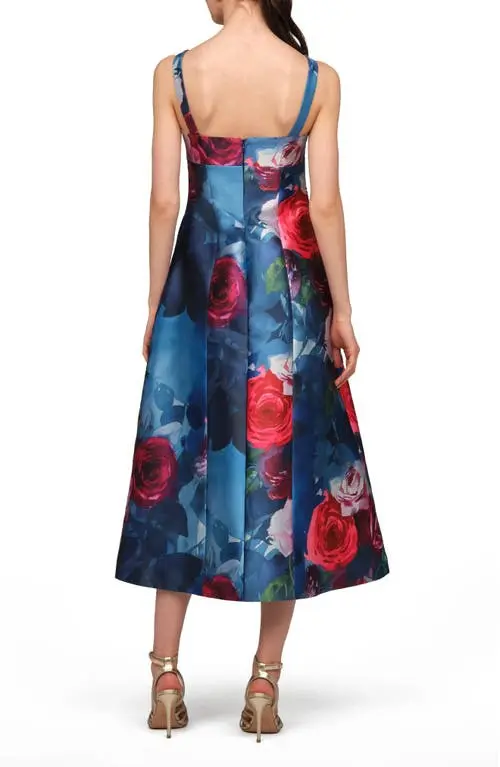 KAY UNGER Adria Floral Pleated Mikado Midi Cocktail Dress