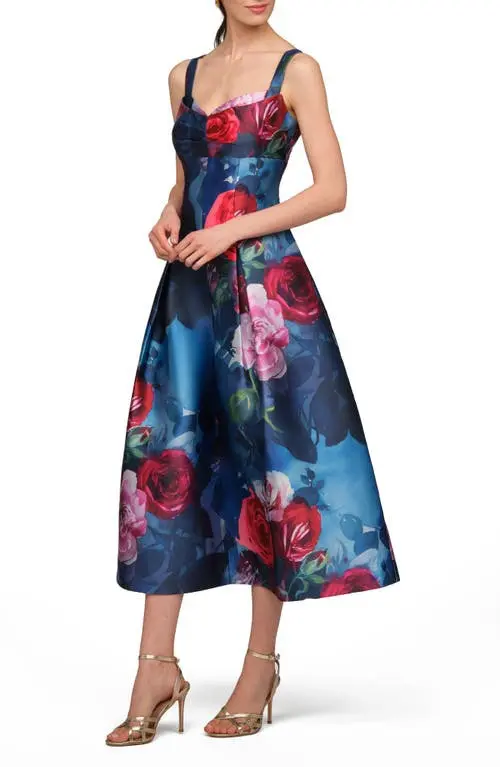 KAY UNGER Adria Floral Pleated Mikado Midi Cocktail Dress