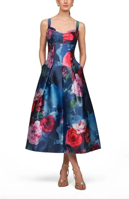 KAY UNGER Adria Floral Pleated Mikado Midi Cocktail Dress