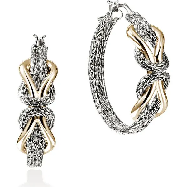 John Hardy Infinite Love Knot 14k Gold And Sterling Hoop Earrings - Silver