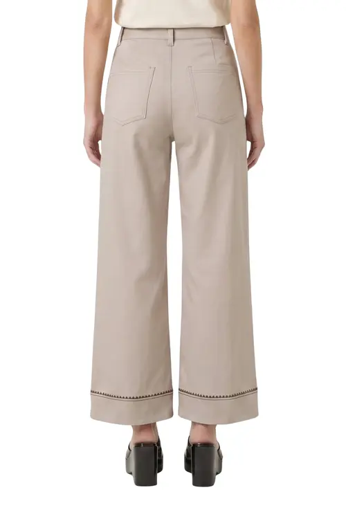 MODENAIRE High Waist Wide Leg Pants With Embroidered Hem And Patch Pockets