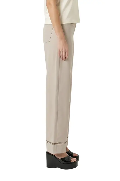 MODENAIRE High Waist Wide Leg Pants With Embroidered Hem And Patch Pockets
