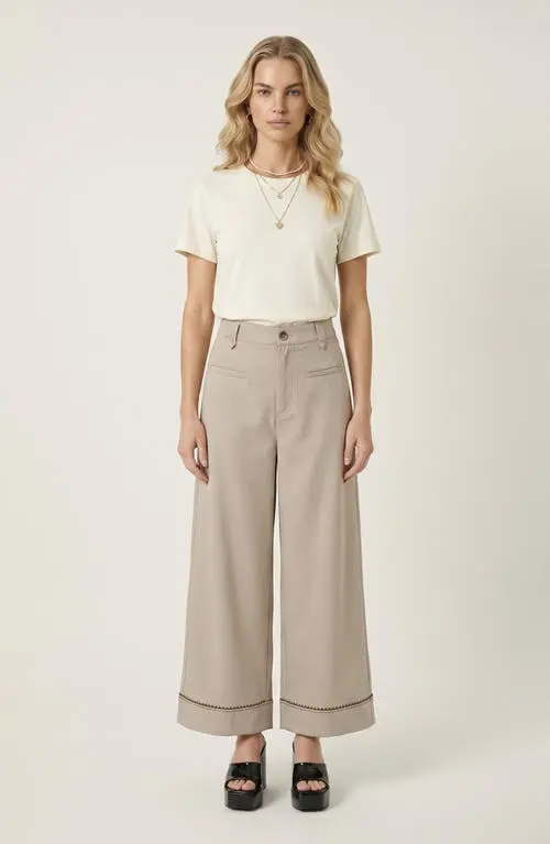 MODENAIRE High Waist Wide Leg Pants With Embroidered Hem And Patch Pockets