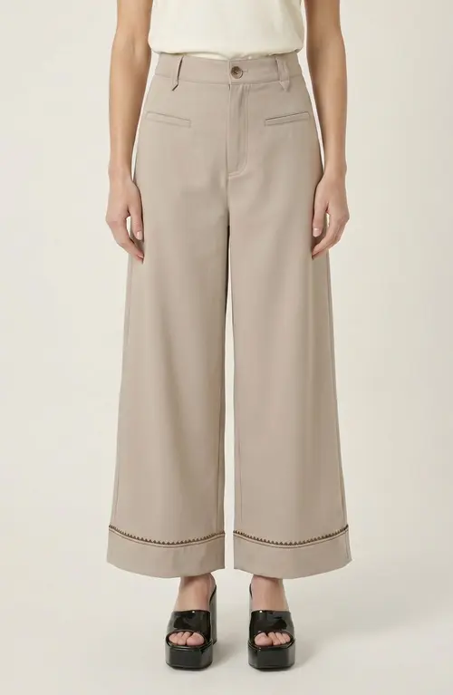 MODENAIRE High Waist Wide Leg Pants With Embroidered Hem And Patch Pockets - Khaki