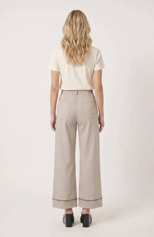 MODENAIRE High Waist Wide Leg Pants With Embroidered Hem And Patch Pockets