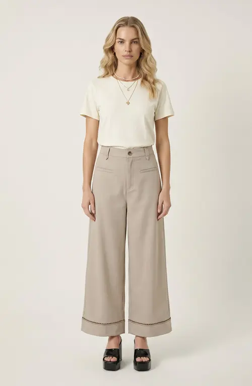 MODENAIRE High Waist Wide Leg Pants With Embroidered Hem And Patch Pockets