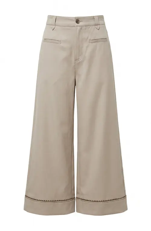 MODENAIRE High Waist Wide Leg Pants With Embroidered Hem And Patch Pockets