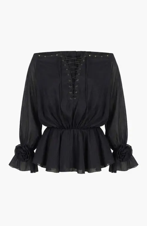 MODENAIRE Elegant Lace-up Peplum Blouse With Long Sleeves - Black