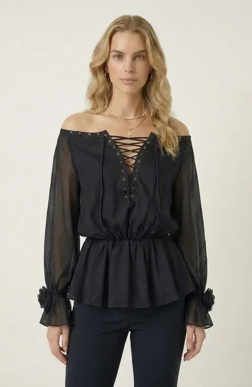MODENAIRE Elegant Lace-up Peplum Blouse With Long Sleeves - Black