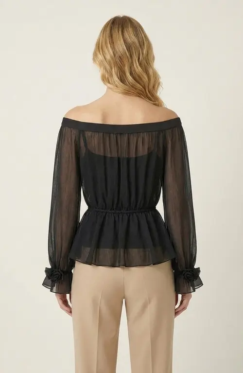 MODENAIRE Elegant Lace-up Peplum Blouse With Long Sleeves - Black