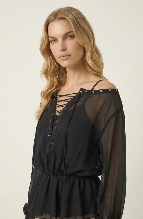MODENAIRE Elegant Lace-up Peplum Blouse With Long Sleeves - Black