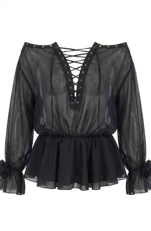 MODENAIRE Elegant Lace-up Peplum Blouse With Long Sleeves - Black
