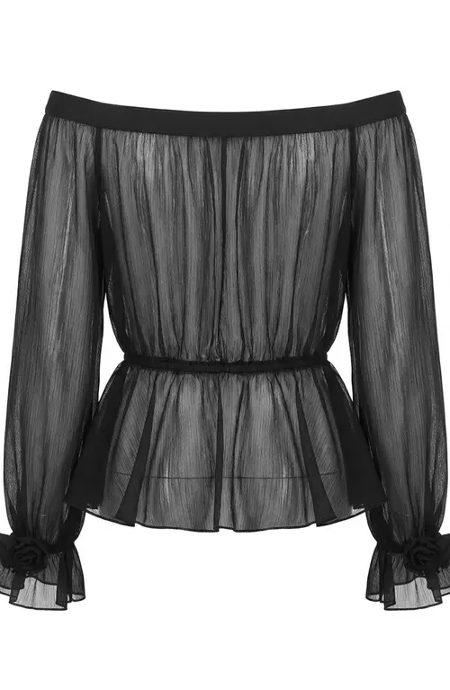 MODENAIRE Elegant Lace-up Peplum Blouse With Long Sleeves - Black