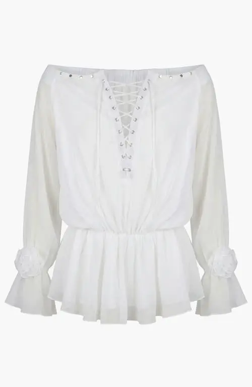 MODENAIRE Elegant Lace-up Peplum Blouse With Long Sleeves - White