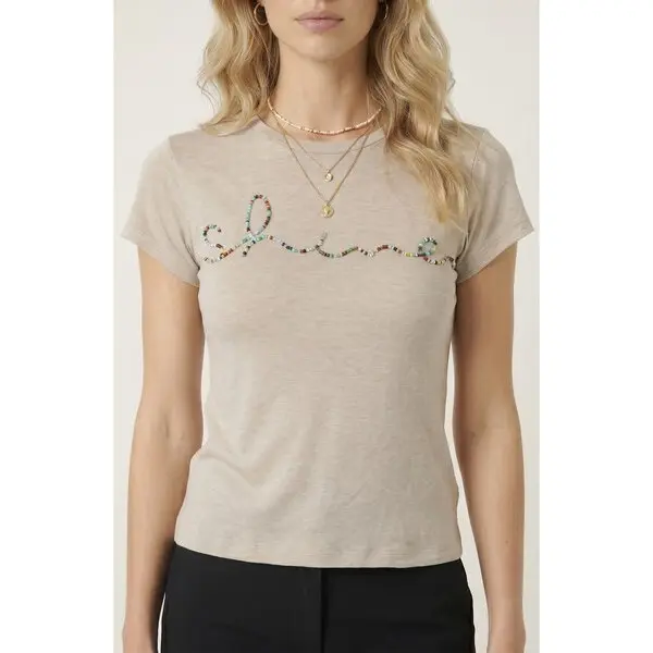 MODENAIRE Short Sleeve Beaded Script Tee - Gray