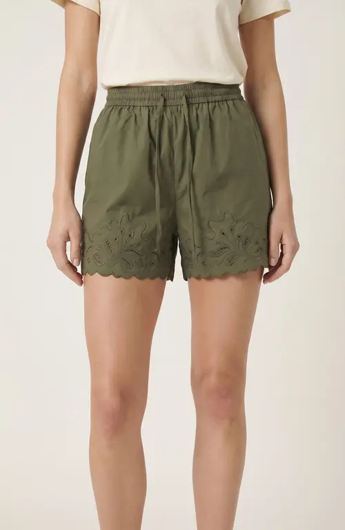 MODENAIRE Eyelet Embroidered Shorts With Drawstring Waist And Scalloped Hems - Green