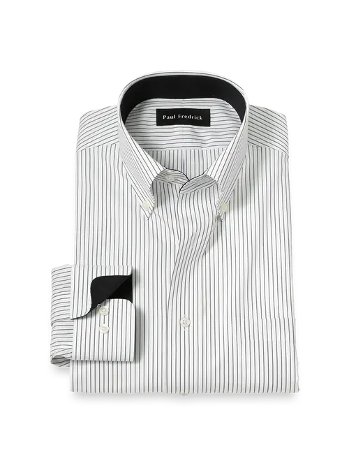 PAUL FREDRICK Cotton Buttondown Collar Poplin Slim Contrast Trim Button Cuff Long Sleeve Shirt - Black
