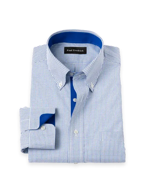 PAUL FREDRICK Cotton Buttondown Collar Poplin Slim Contrast Trim Button Cuff Long Sleeve Shirt - Navy