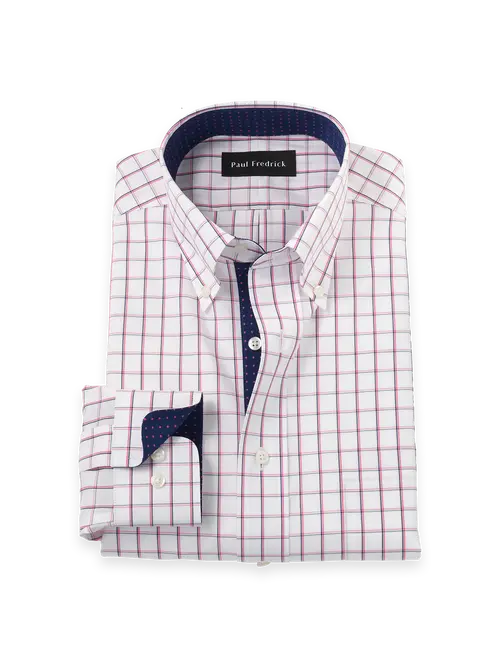 PAUL FREDRICK Cotton Buttondown Collar Poplin Slim Contrast Trim Button Cuff Long Sleeve Shirt - Navy/pink