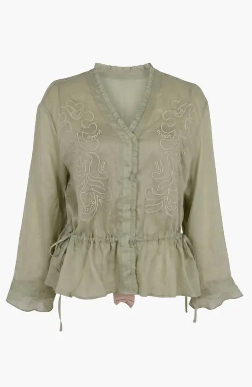 MODENAIRE Embroidered Ruffle Trim Blouse With Drawstring Waist And Flared Cuffs