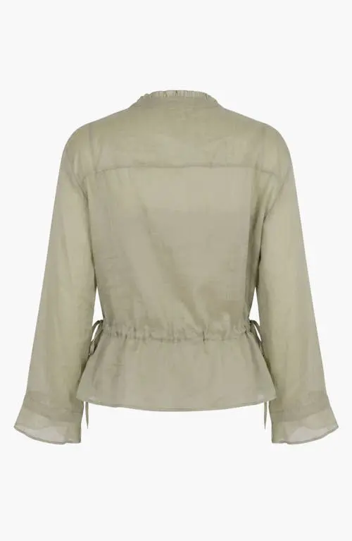 MODENAIRE Embroidered Ruffle Trim Blouse With Drawstring Waist And Flared Cuffs