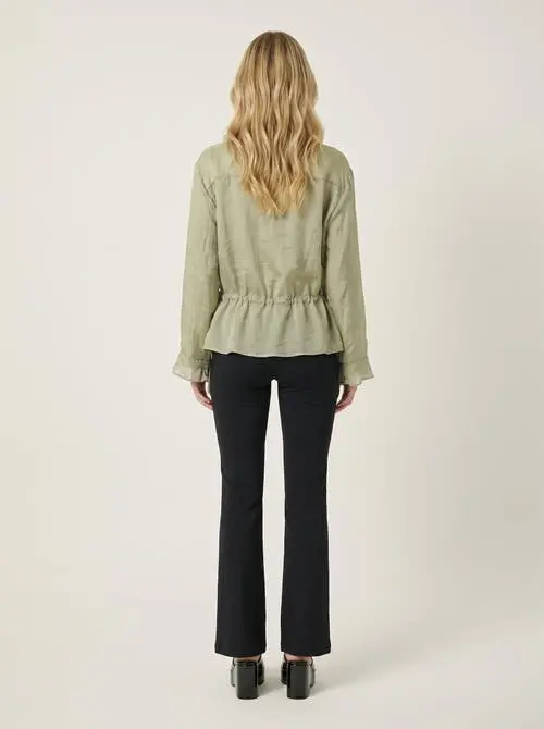 MODENAIRE Embroidered Ruffle Trim Blouse With Drawstring Waist And Flared Cuffs
