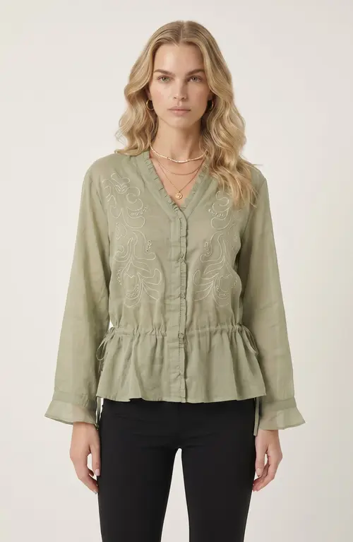 MODENAIRE Embroidered Ruffle Trim Blouse With Drawstring Waist And Flared Cuffs - Green